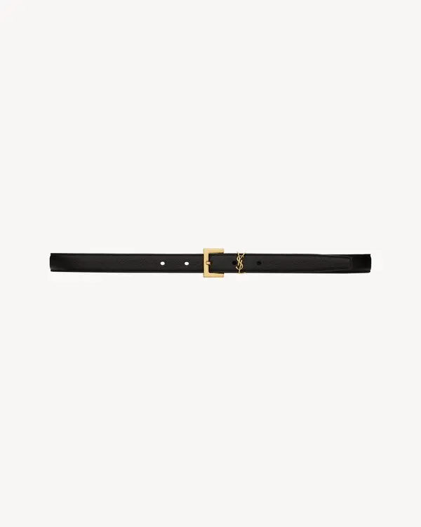 Saint Laurent Cassandre Thin Belt In Grained Leather - Black