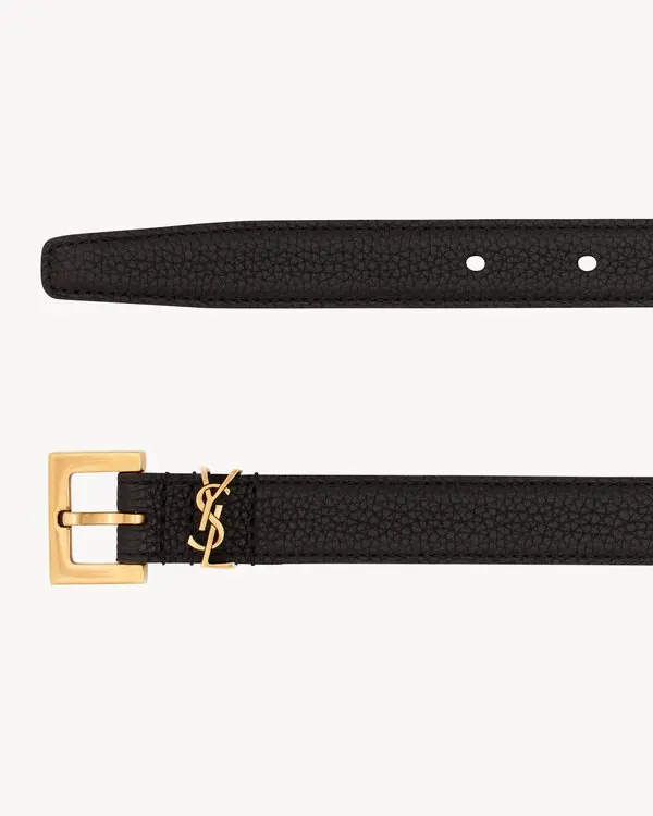 Saint Laurent Cassandre Thin Belt In Grained Leather - Black