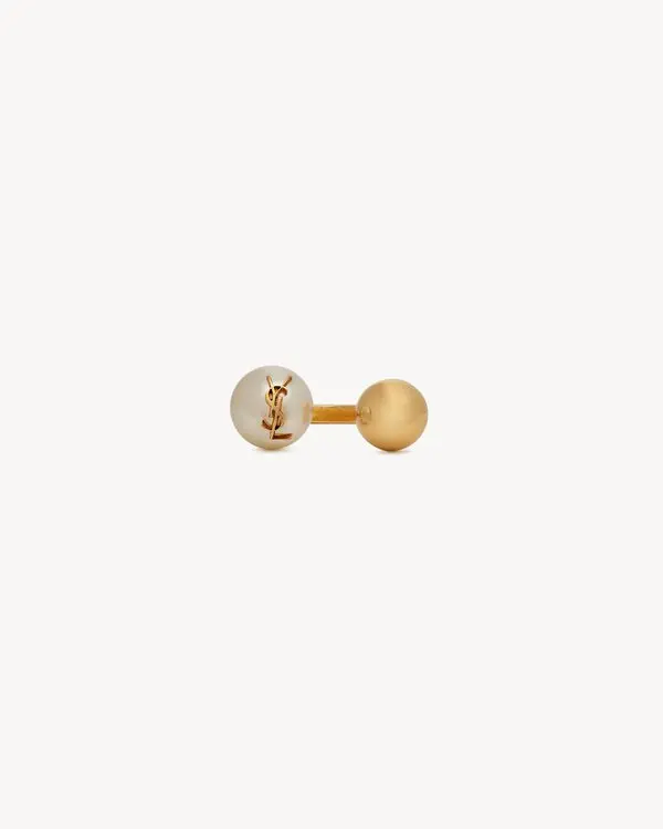 Saint Laurent Cassandre Pearl And Ball Ring In Metal - Aged Brass Gold And Cream