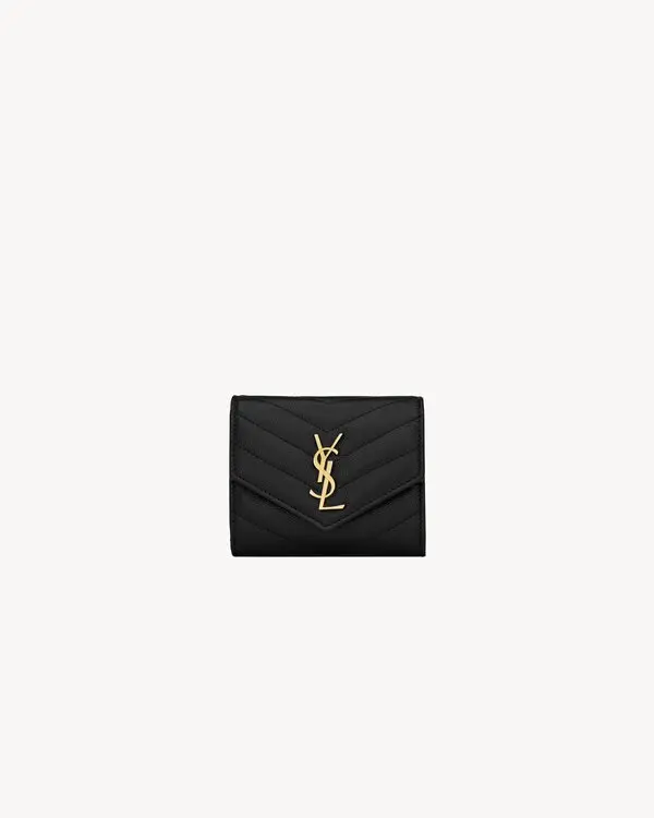 Saint Laurent Cassandre Matelassé Multi-folded Wallet In Grain De Poudre Leather - Black