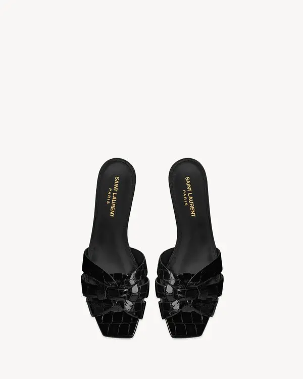 Saint Laurent Tribute Mules In Crocodile Embossed Leather - Black