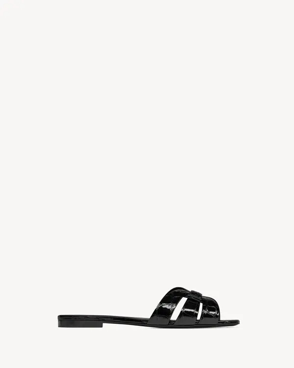 Saint Laurent Tribute Mules In Crocodile Embossed Leather - Black