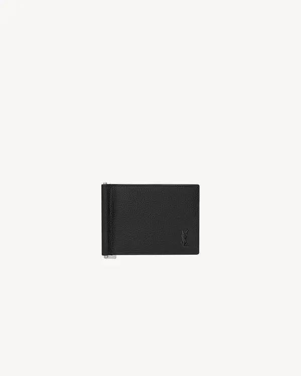 Saint Laurent Cassandre Shadow Bill Clip Wallet In Grained Leather - Black