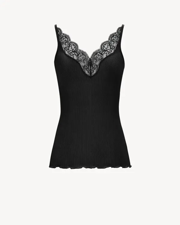 Saint Laurent Ribbed Silk Jersey Laced Tank Top - Black