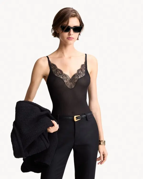 Saint Laurent Ribbed Silk Jersey Laced Tank Top