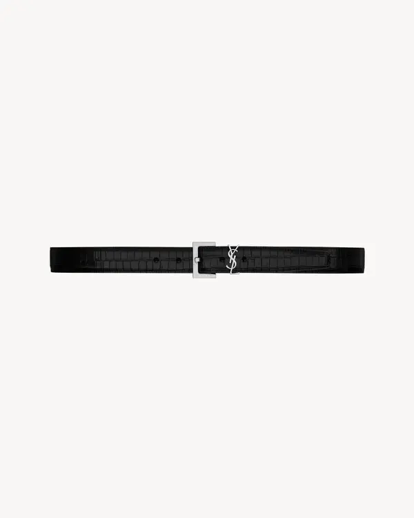 Saint Laurent Cassandre Belt In Crocodile-embossed Leather - Black