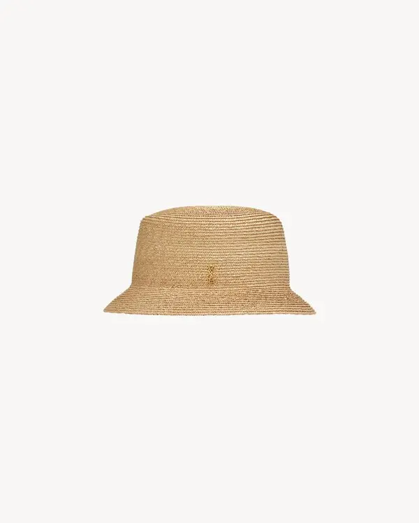 Saint Laurent Straw Bucket Hat With Gold Cassandre Pin - Rope