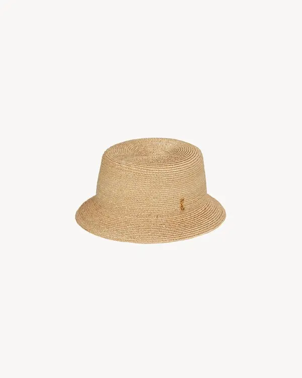 Saint Laurent Straw Bucket Hat With Gold Cassandre Pin