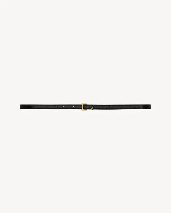 Saint Laurent Cassandre Extra Thin Belt In Crocodile-embossed Leather - Black