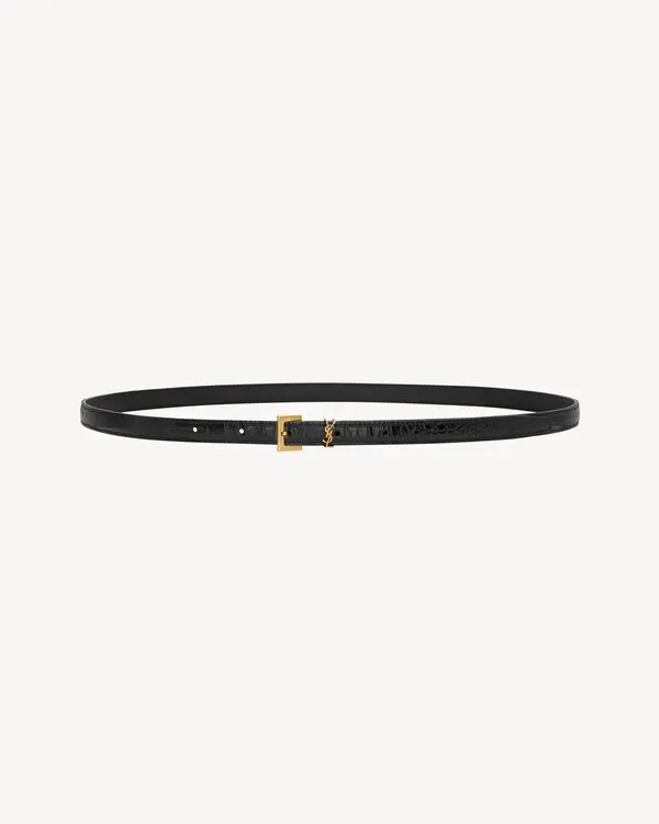 Saint Laurent Cassandre Extra Thin Belt In Crocodile-embossed Leather - Black