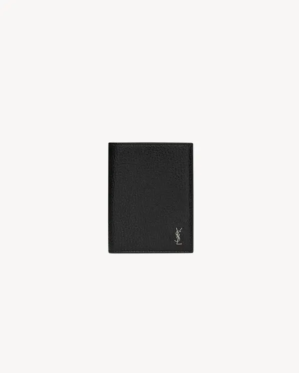 Saint Laurent Tiny Cassandre Credit Card Wallet In Grained Leather - Black