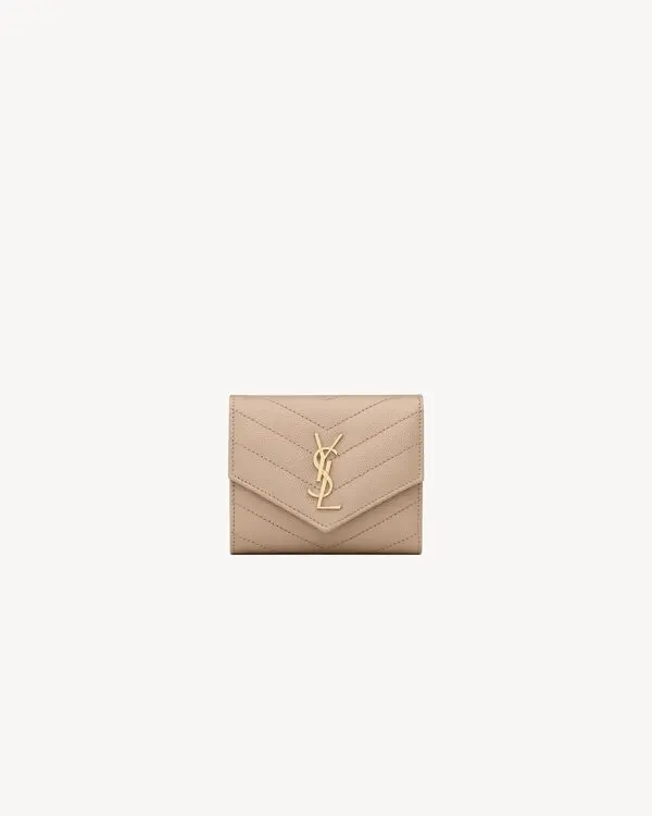Saint Laurent Cassandre Matelassé Multi-folded Wallet In Grain De Poudre Leather - Dark Beige