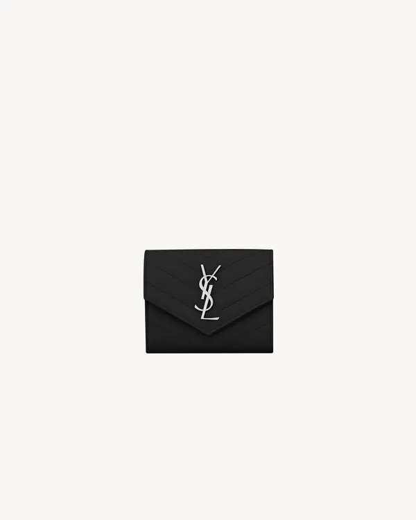 Saint Laurent Cassandre Matelassé Compact Tri Fold Wallet In Grain De Poudre Leather - Black