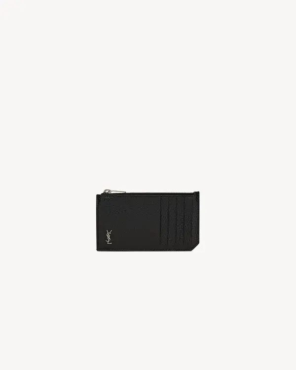 Saint Laurent Tiny Cassandre Fragments Zipped Card Case In Grained Leather - Black