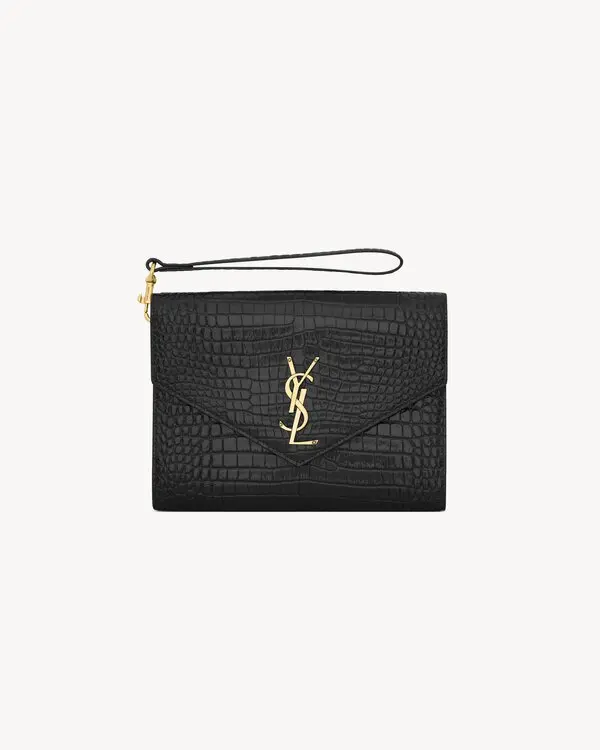 Saint Laurent Cassandre Flap Pouch In Crocodile-embossed Shiny Leather