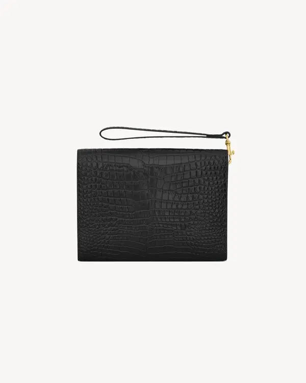Saint Laurent Cassandre Flap Pouch In Crocodile-embossed Shiny Leather