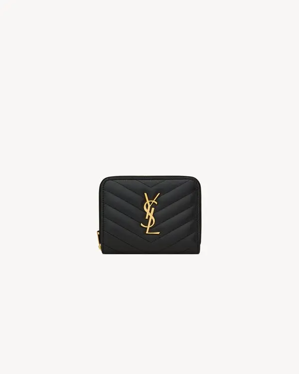 Saint Laurent Cassandre Matelassé Compact Zip-around Wallet In Lambskin - Black
