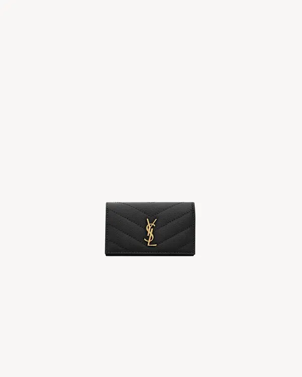 Saint Laurent Cassandre Slim Key Case In Grain De Poudre Leather - Black