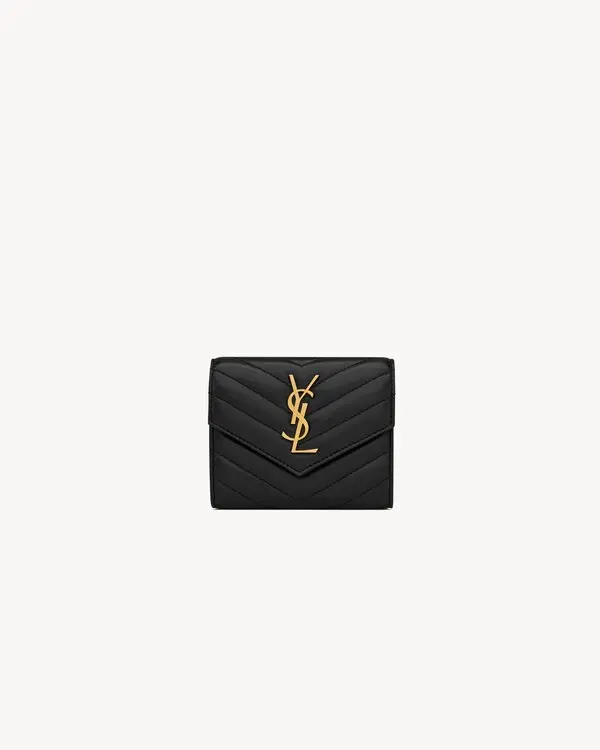 Saint Laurent Cassandre Matelassé Compact Tri Fold Wallet In Lambskin - Black