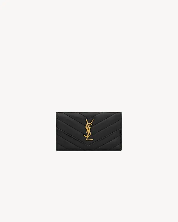 Saint Laurent Cassandre Matelassé Fragments Flap Card Case In Lambskin - Black