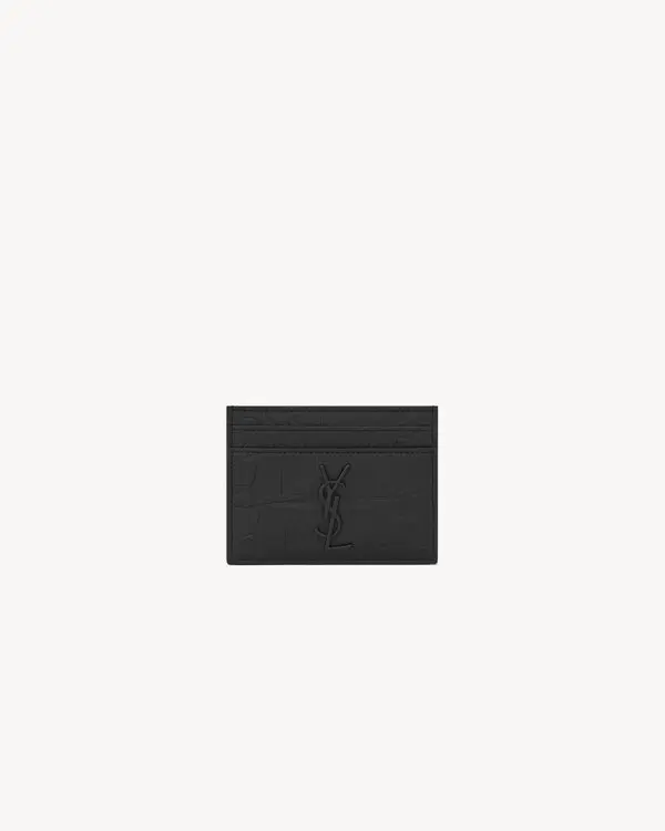 Saint Laurent Cassandre Card Case In Crocodile-embossed Leather - Black