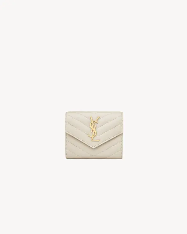 Saint Laurent Cassandre Matelassé Compact Tri Fold Wallet In Lambskin - White