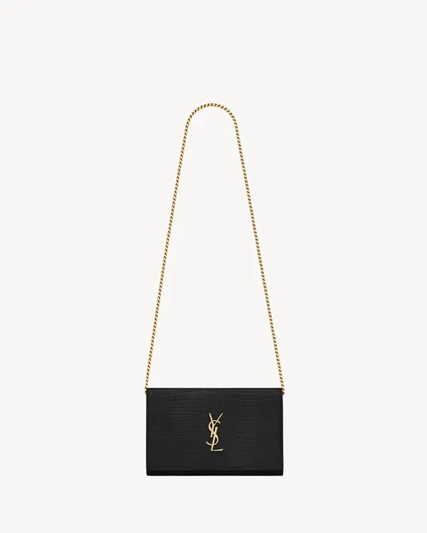 Saint Laurent Cassandre Chain Wallet In Crocodile-embossed Shiny Leather - Black