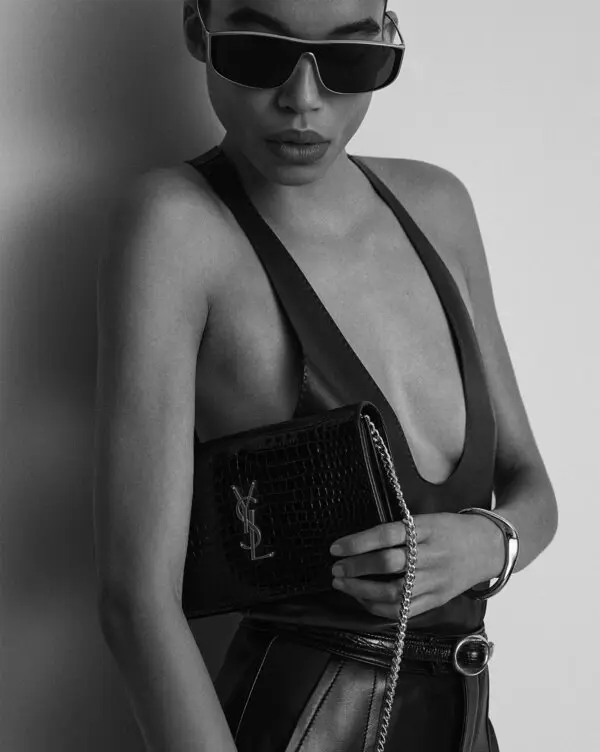 Saint Laurent Cassandre Chain Wallet In Crocodile-embossed Shiny Leather - Black