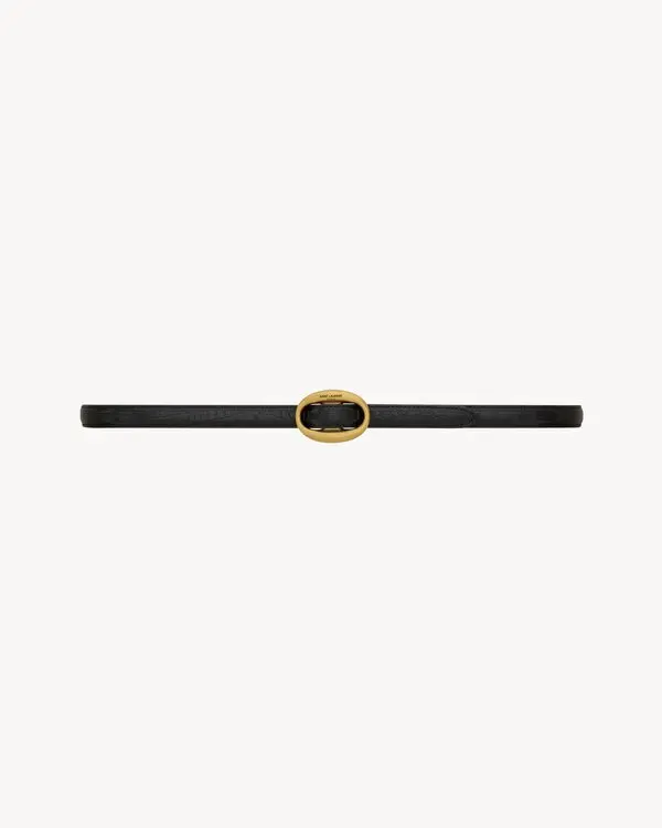 Saint Laurent Oval Buckle Thin Belt In Crocodile-embossed Leather - Black