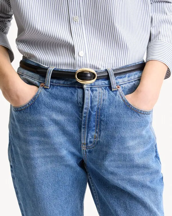 Saint Laurent Oval Buckle Thin Belt In Smooth Leather - Black