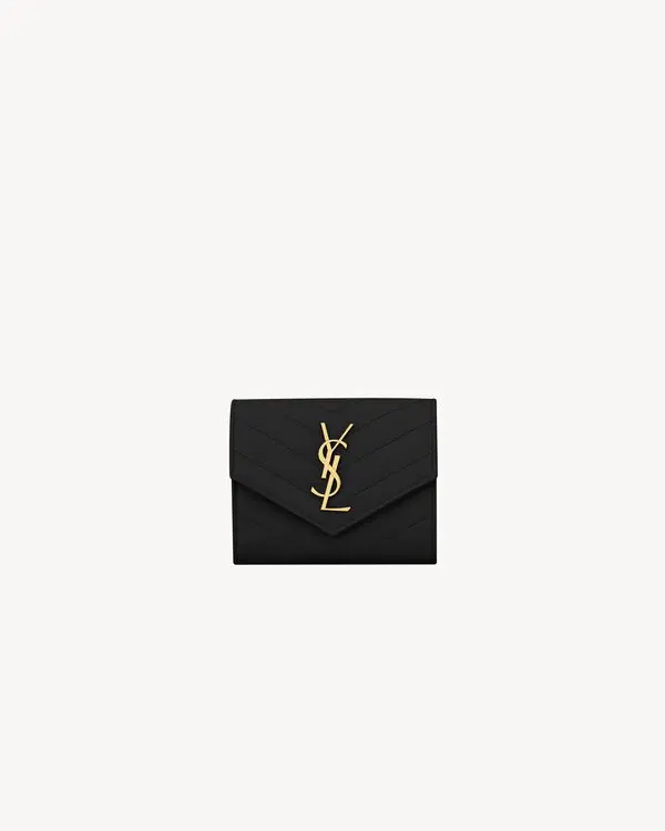 Saint Laurent Cassandre Matelassé Compact Tri Fold Wallet In Grain De Poudre Leather - Black