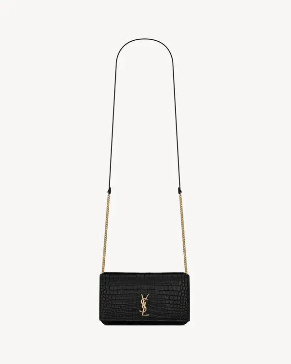 Saint Laurent Cassandre Phone Holder In Shiny Crocodile-embossed Leather - Black