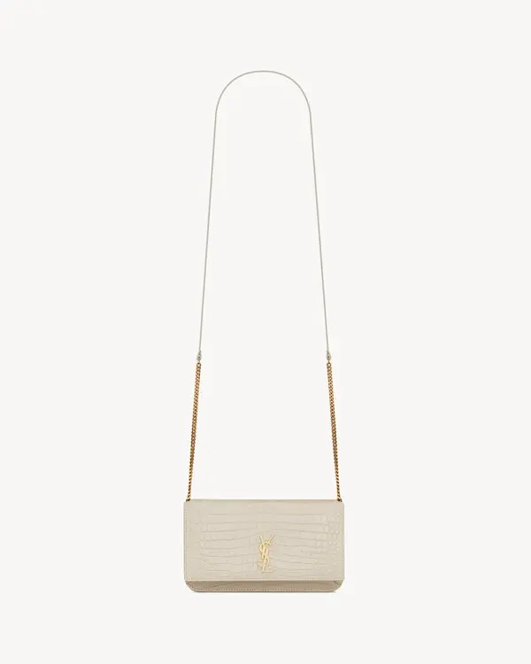 Saint Laurent Cassandre Phone Holder In Shiny Crocodile-embossed Leather - White