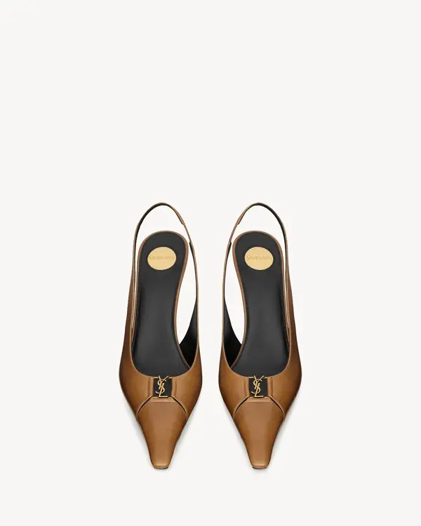 Saint Laurent Babylone Bretuil Slingback Pumps In Smooth Leather - Macadamia