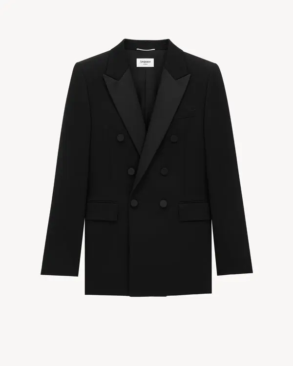 Saint Laurent Double-breasted Tuxedo Jacket In Grain De Poudre - Noir