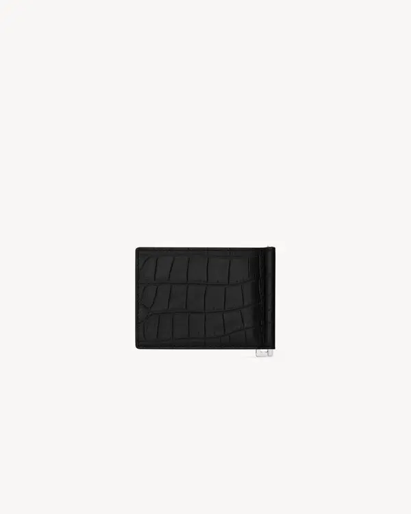 Saint Laurent Paris Bill Clip Wallet In Crocodile-embossed Leather - Black