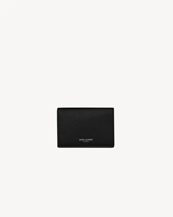 Saint Laurent Paris Business Card Holder With Flap In Grain De Poudre Leather - Black