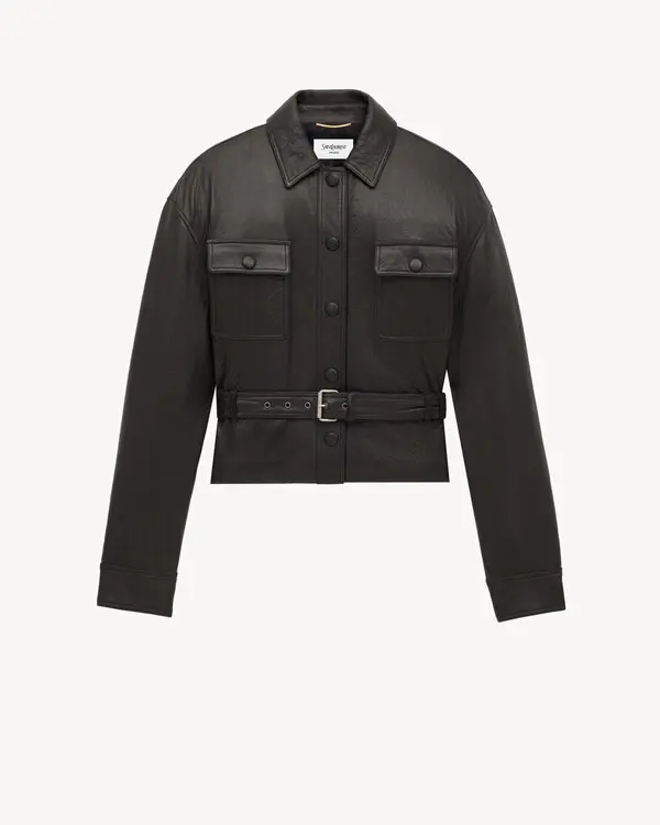 Saint Laurent Saharienne Short Jacket In Lambskin Leather - Noir