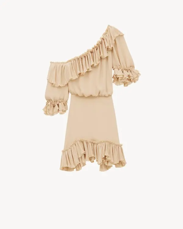 Saint Laurent One-shoulder Ruffled Silk Crepon Muslin Dress