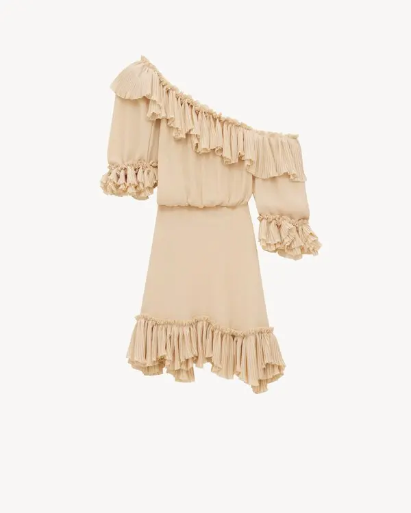 Saint Laurent One-shoulder Ruffled Silk Crepon Muslin Dress