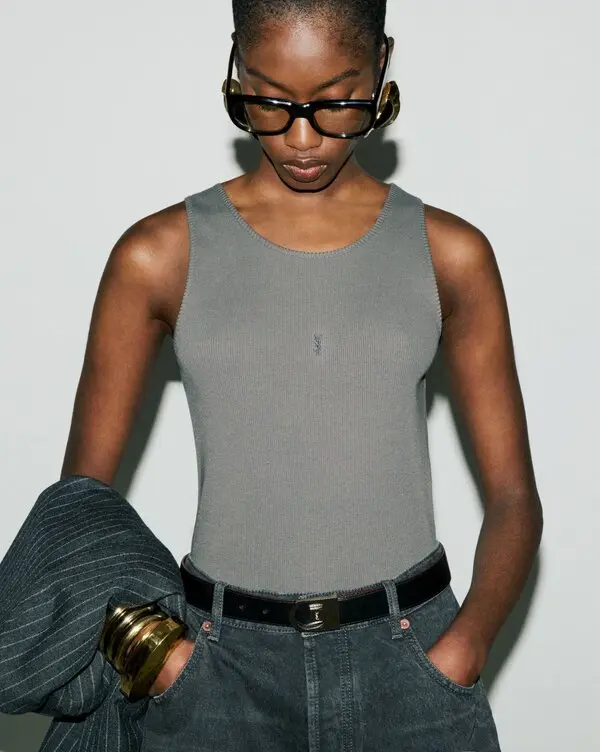 Saint Laurent Cassandre Embroidered Ribbed Tank Top - Anthracite