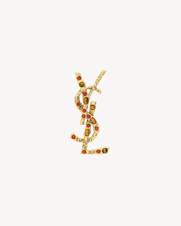 Saint Laurent Cassandre Brooch With Tiger's Eye And Sunstone - Orange, Red And Gold
