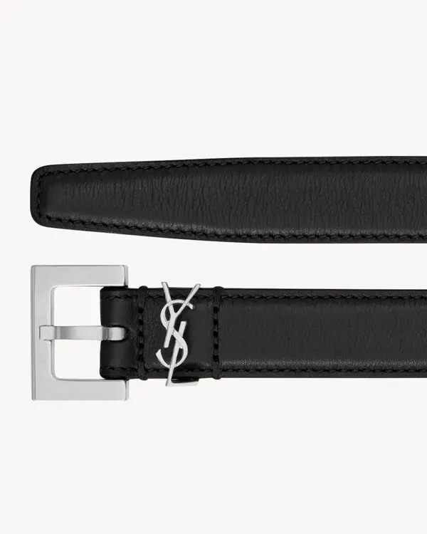 Saint Laurent Cassandre Thin Belt In Smooth Leather - Black