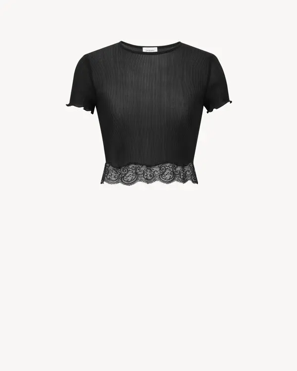 Saint Laurent Ribbed Silk T-shirt With Lace Trim - Black