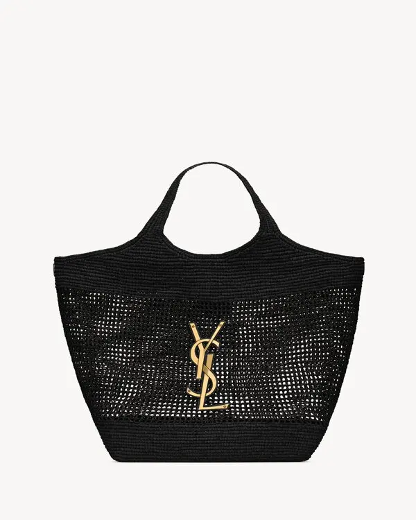 Saint Laurent Icare Maxi Tote In Raffia And Leather - Black