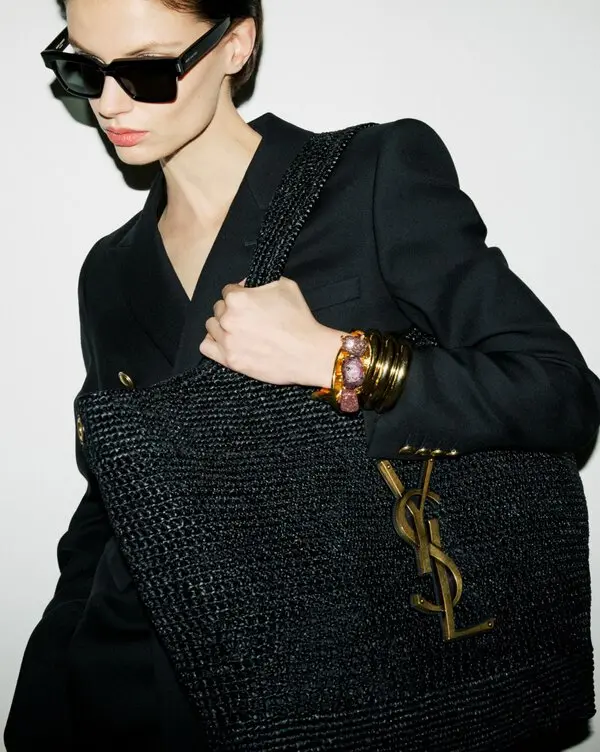 Saint Laurent Icare Maxi Tote In Raffia And Leather - Black