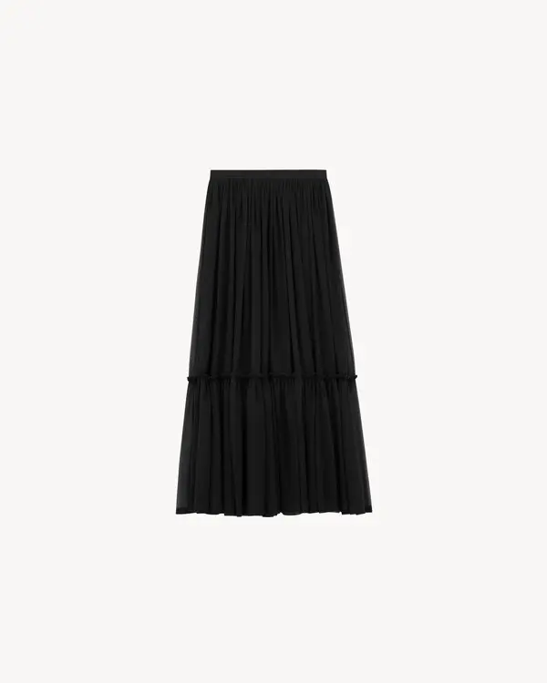 Saint Laurent Ruffled Silk Crepe Muslin Skirt - Noir