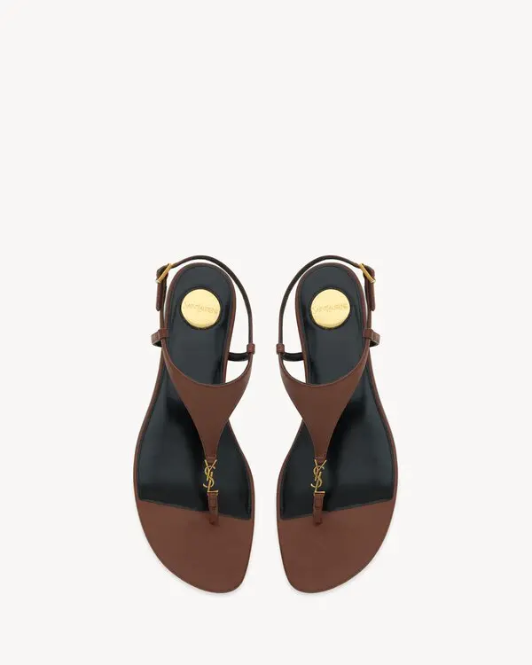 Saint Laurent Cassandra Flat Sandals In Smooth Leather - Brown