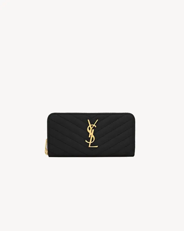 Saint Laurent Cassandre Matelassé Zip Around Wallet In Grain De Poudre Leather - Black