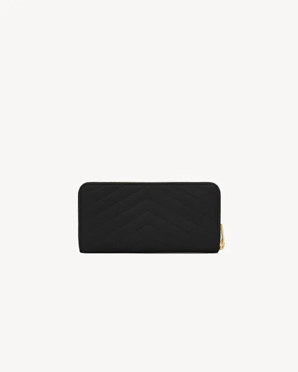Saint Laurent Cassandre Matelassé Zip Around Wallet In Grain De Poudre Leather - Black